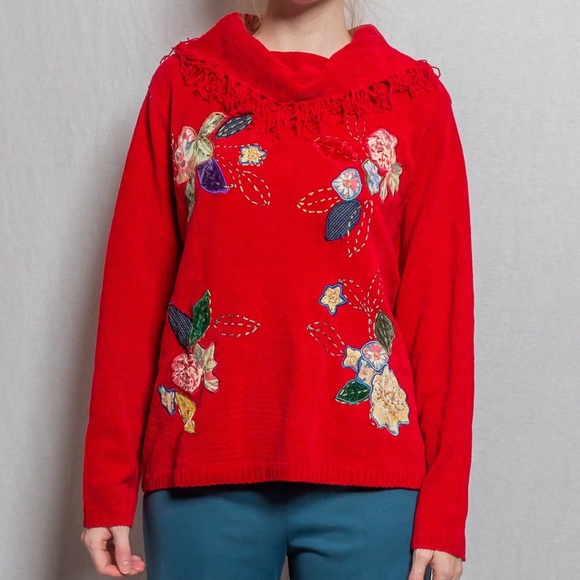 Koret | Sweaters | Koret Brand Red Sweater With Appliqu Flowers | Poshmark